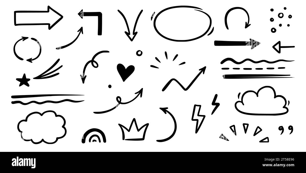 Line arrow, underline, round frame hand drawn vector element set. Hand ...