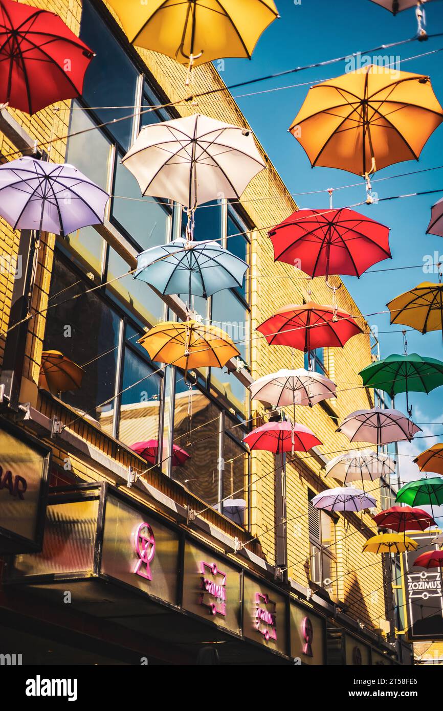 Hanging Umbrella Sculptures Between Buildings in Dublin Stock Photo - Alamy