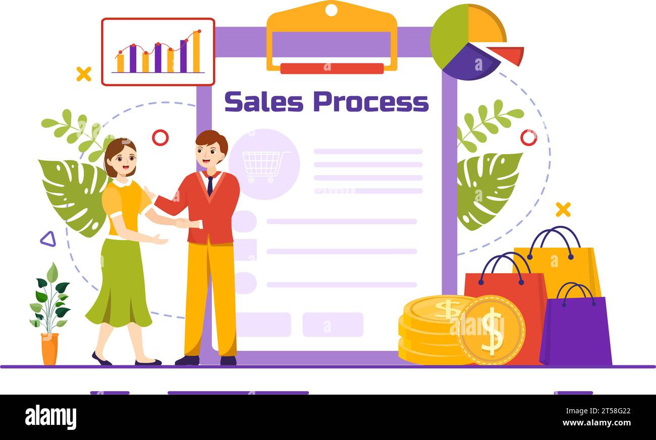 Sales Process Vector Illustration with Steps of Communication for ...
