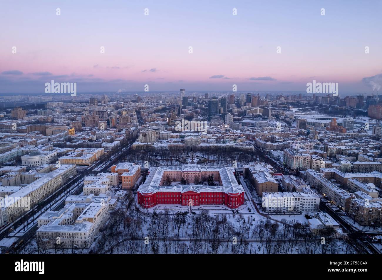 Panoramic aerial view of winter city Kyiv covered in snow Stock Photo ...