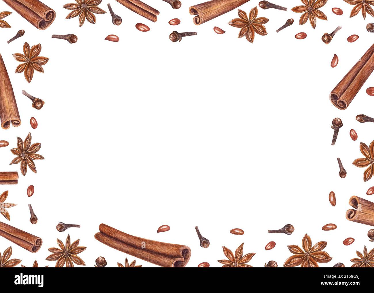 Star anise, cinnamons, clove. Watercolor horizontal frame. Badian ...