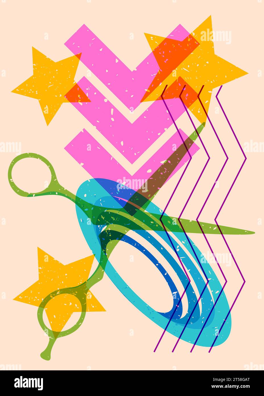 Risograph scissor with geometric shapes. Objects in trendy riso graph ...