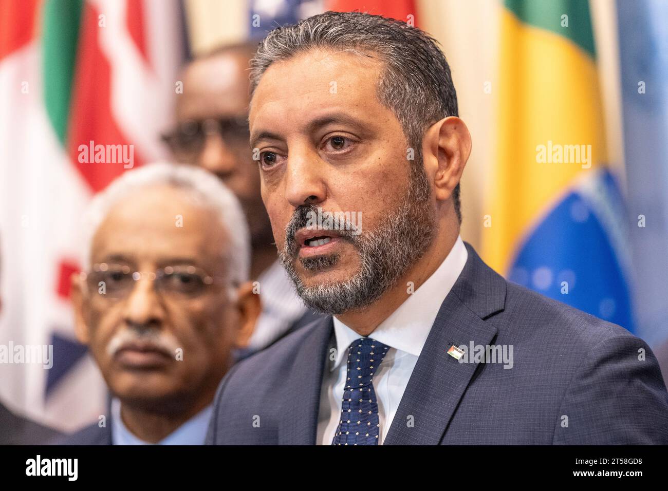 Ambassador of Libya Taher M. T. Elsonni speaks during press encounter ...