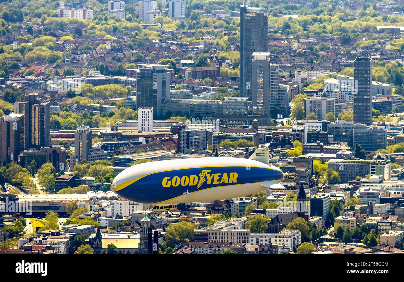Aerial view, Zeppelin NT sightseeing flight over Essen, skyline of ...