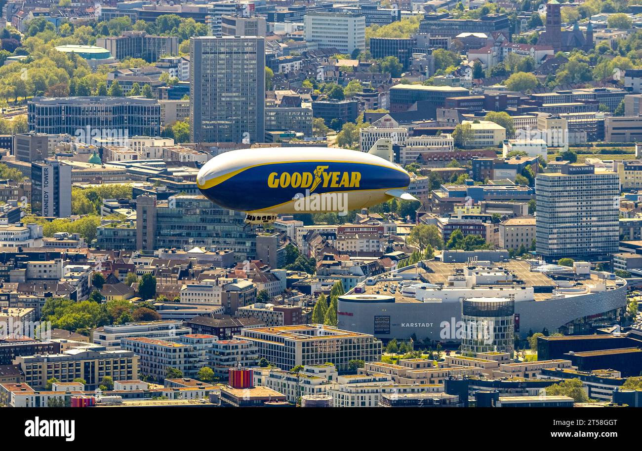 Aerial view, Zeppelin NT sightseeing flight over Essen, skyline of ...