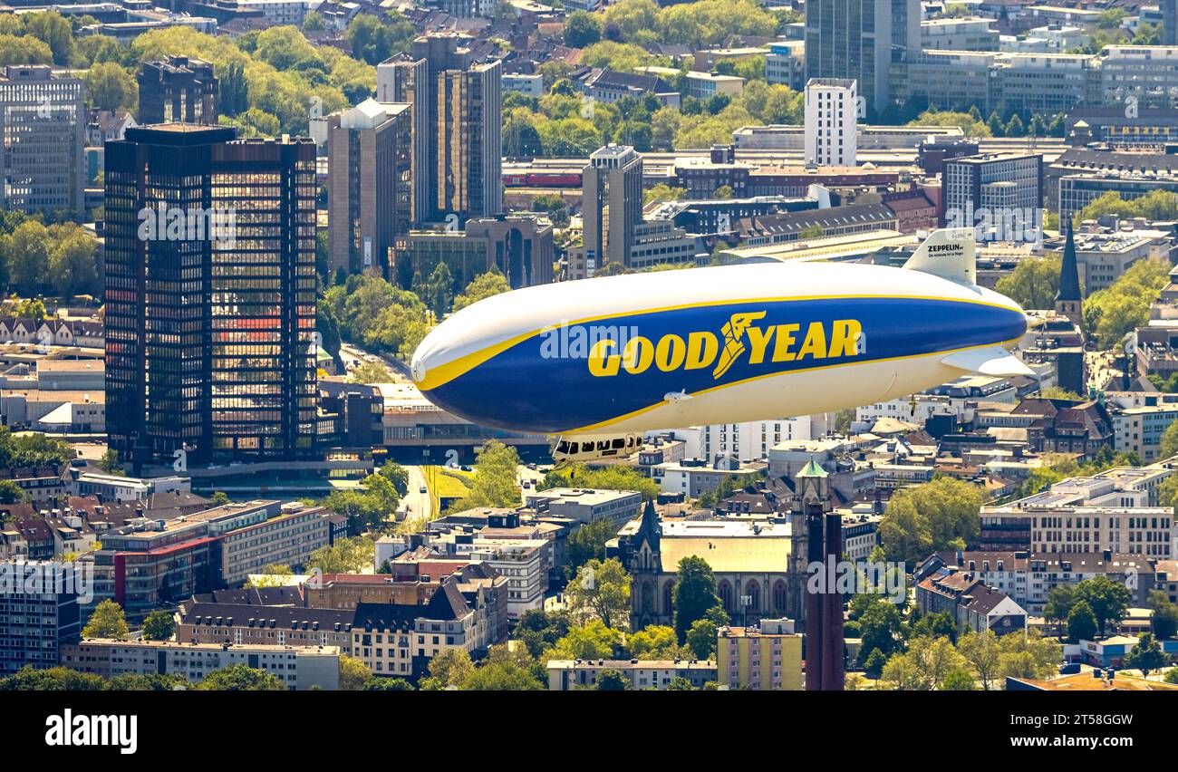 Aerial view, Zeppelin NT sightseeing flight over Essen, skyline of ...