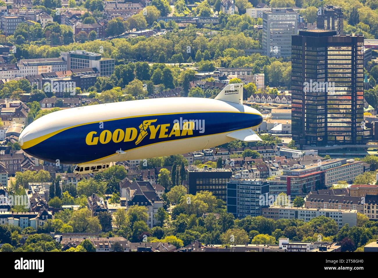 Aerial view, Zeppelin NT sightseeing flight over Essen, skyline of ...