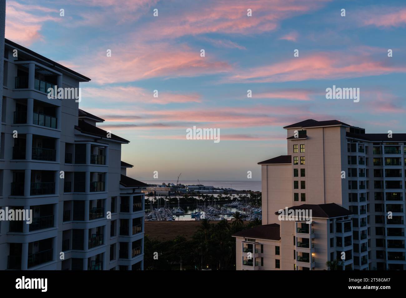Scenic aerial panoramic marina vista at dawn on the west coast of Oahu ...