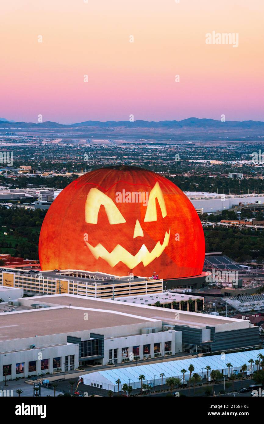 The Sphere, Exosphere is nightly used to display art and advertising Jack O Lantern, Pumkin ...