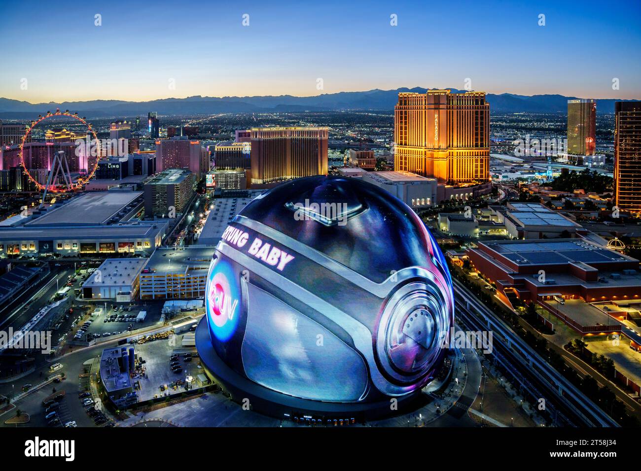 The Sphere, Exosphere is nightly used to display art and advertising Aerial View of Skyline ...