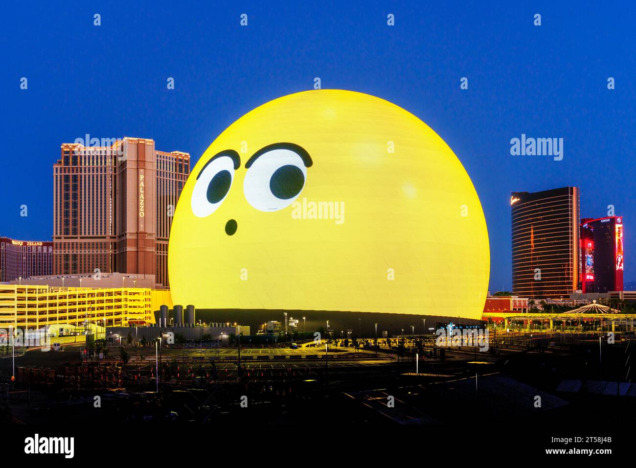 The Sphere, Exosphere is nightly used to display art and advertising Aerial View of Skyline ...