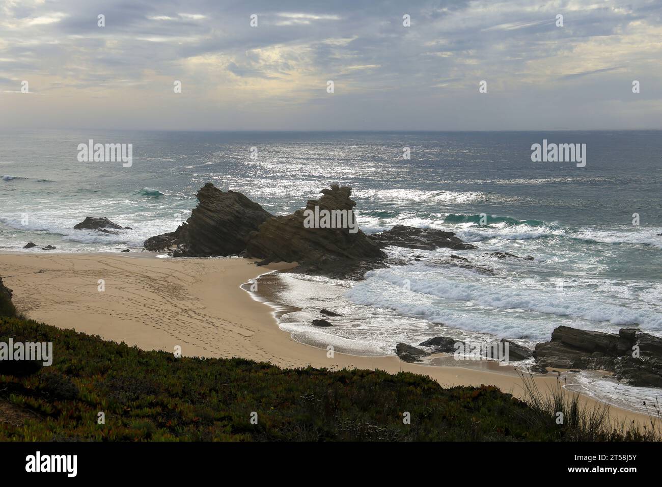 The Samoqueira beach on a stormy and windy day in Porto Covo, Alentejo ...