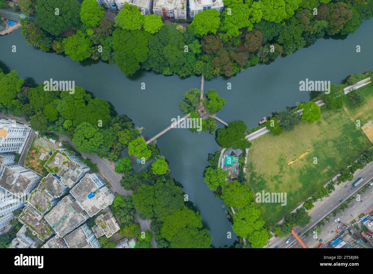 Dhaka, Bangladesh. Aerial view of the Dhanmondi Lake and adjacent area ...