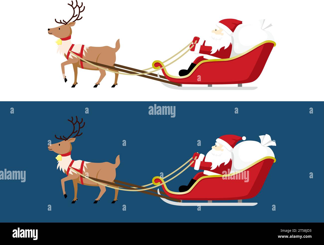 Santa Claus Riding A Sleigh Pulled By Walking Reindeer Christmas