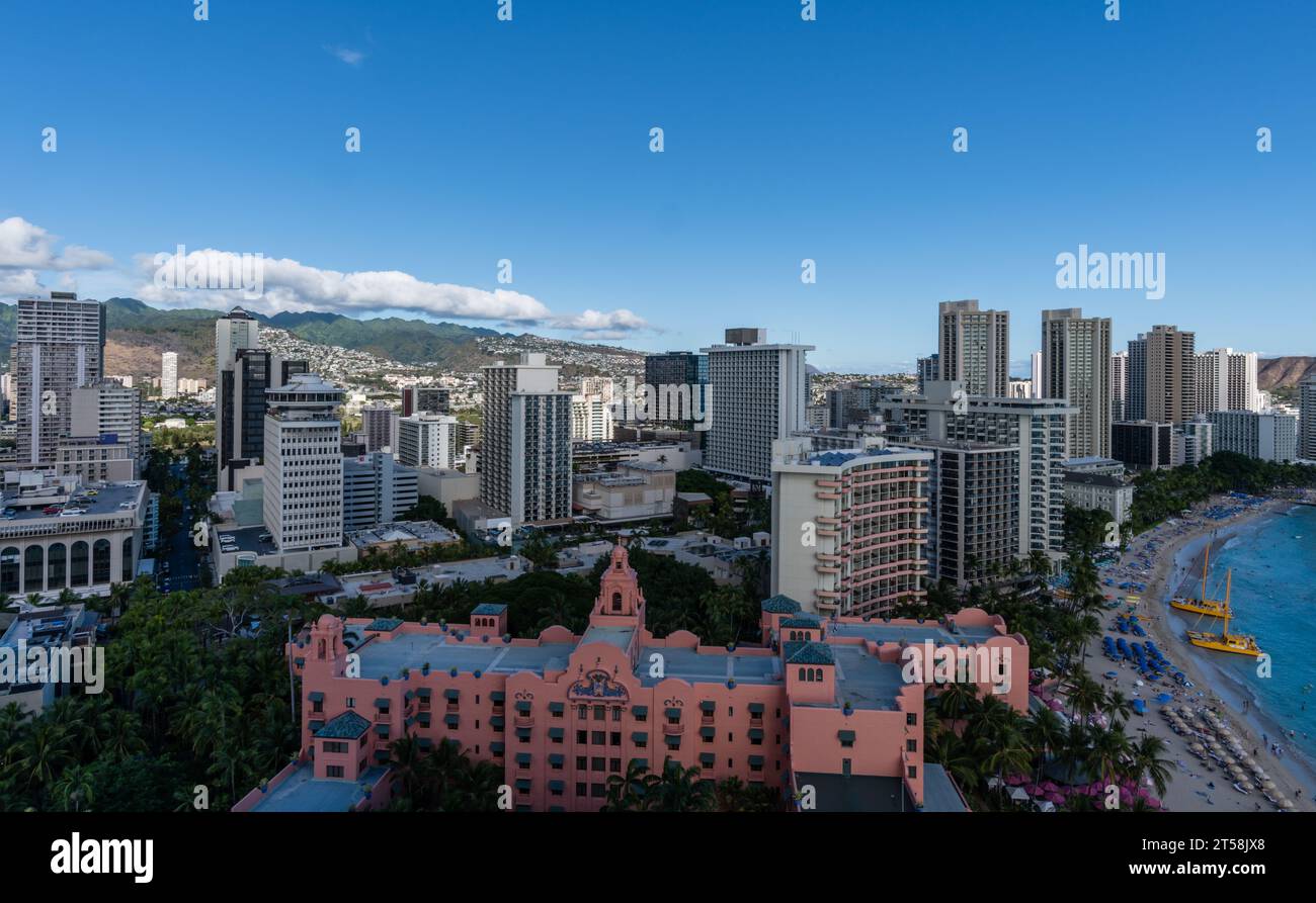 Scenic aerial panoramic Waikiki Beach vista, Honolulu, Hawaii Stock ...