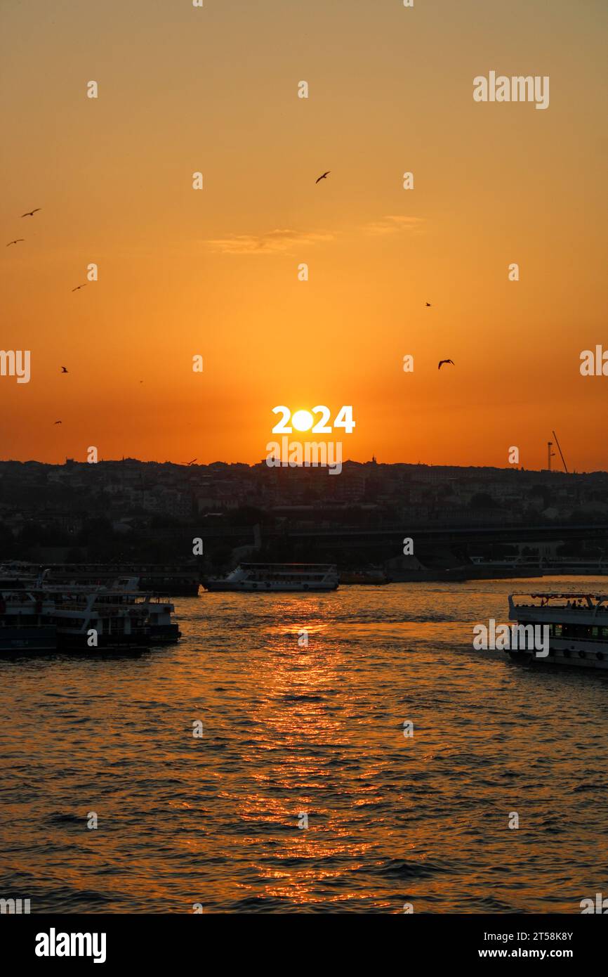 Transition from 2023 to new year 2024 concept with text on sun rising ...