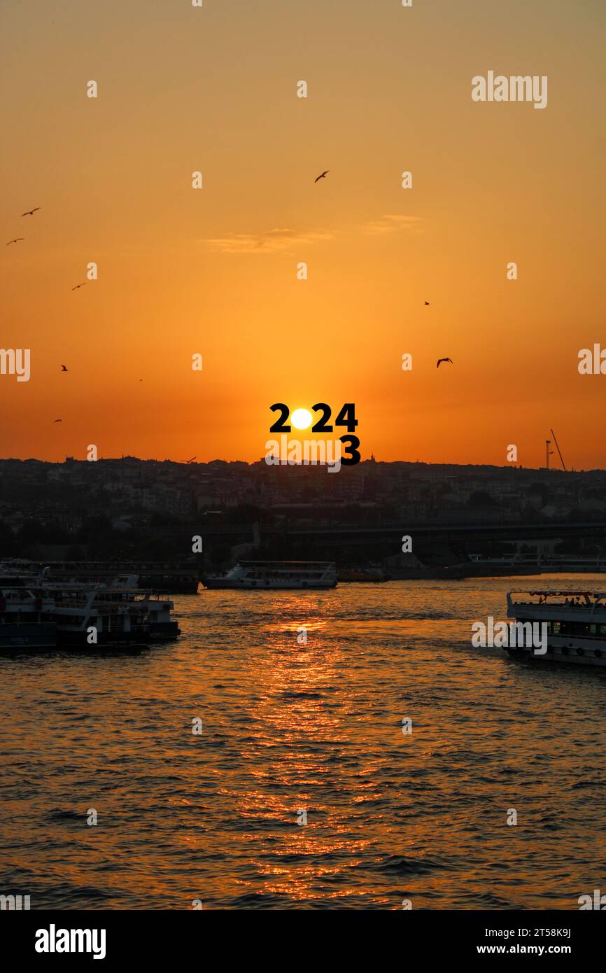 Transition from 2023 to new year 2024 concept with text on sun rising ...