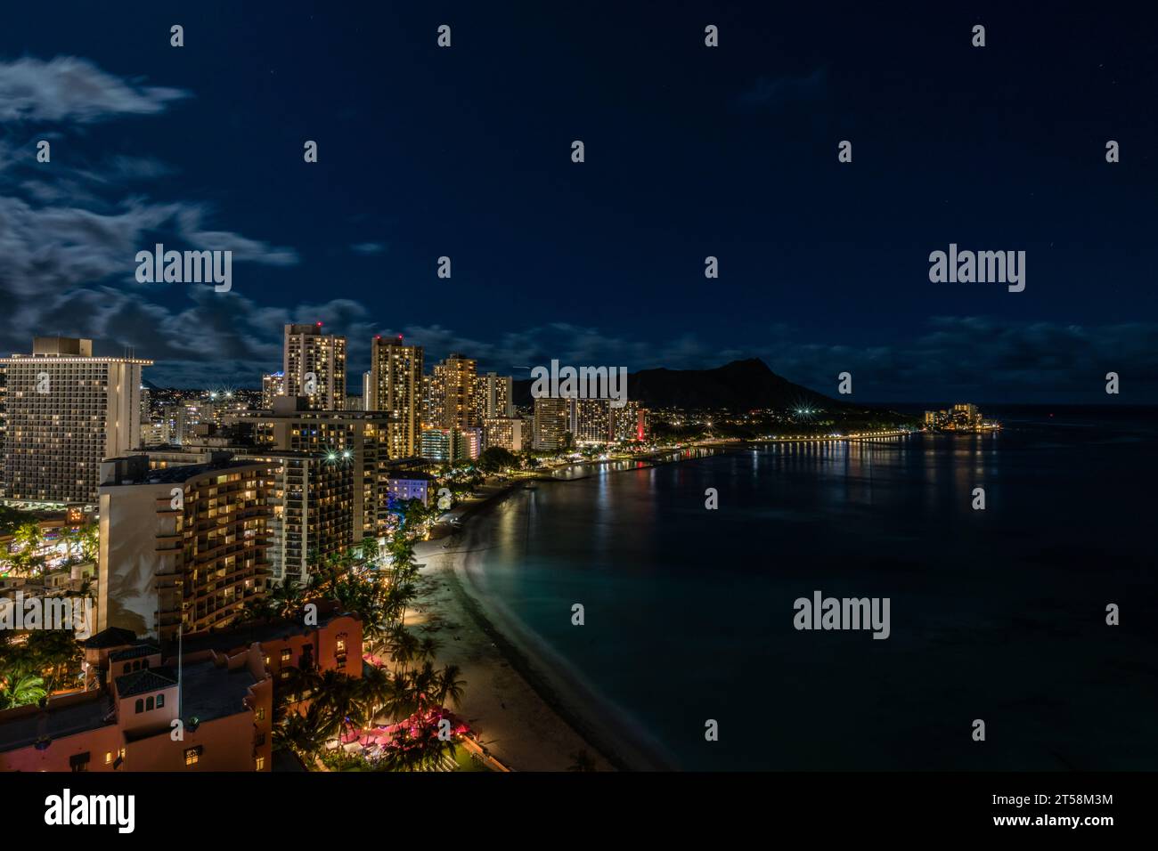 Scenic aerial panoramic Waikiki Beach night vista, Honolulu, Hawaii ...
