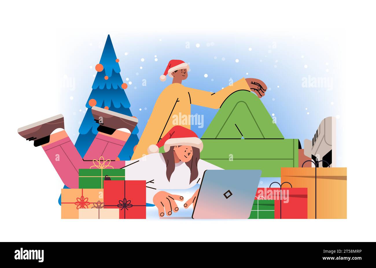 mix race man woman in santa hats near decorated christmas tree using ...