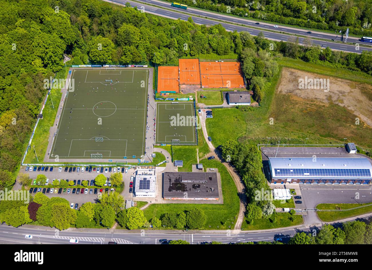 Aerial view, district sports facility Emst, soccer field, tennis courts ...