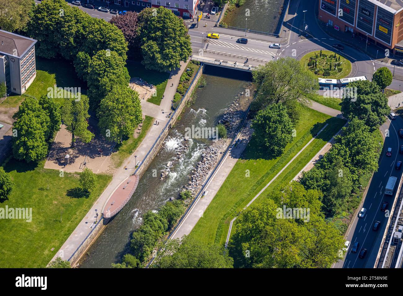 Aerial view, River Volme with sliding bed, at Volmepark with viewing ...