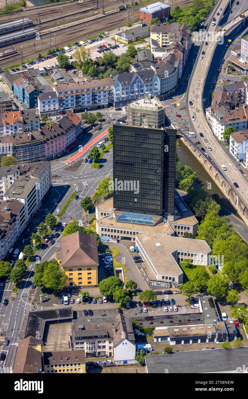 Aerial view, roof work on a high-rise employment office building ...