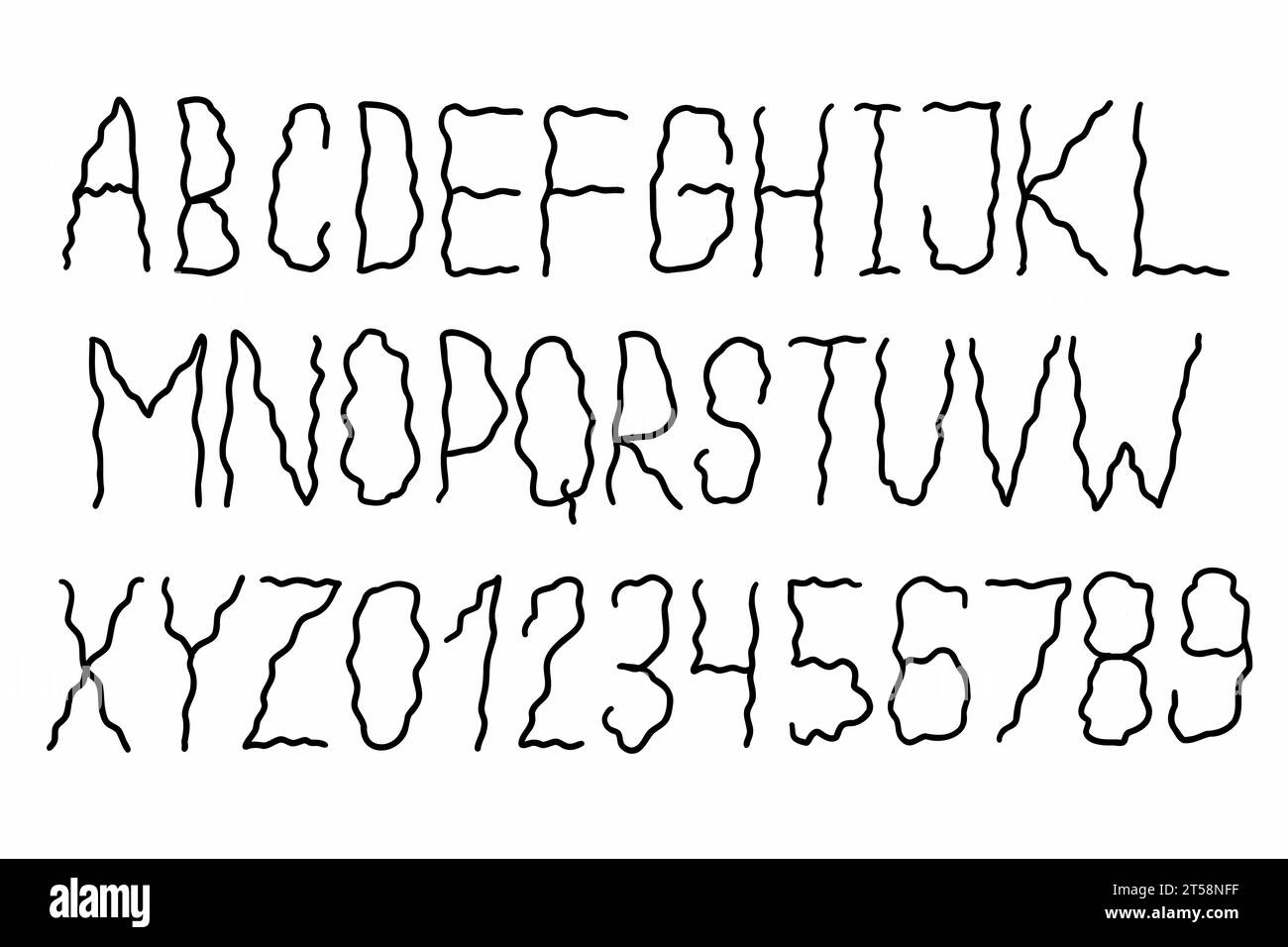 Wavy curly black english alphabet abc latin font A to Z and digits 0 to ...