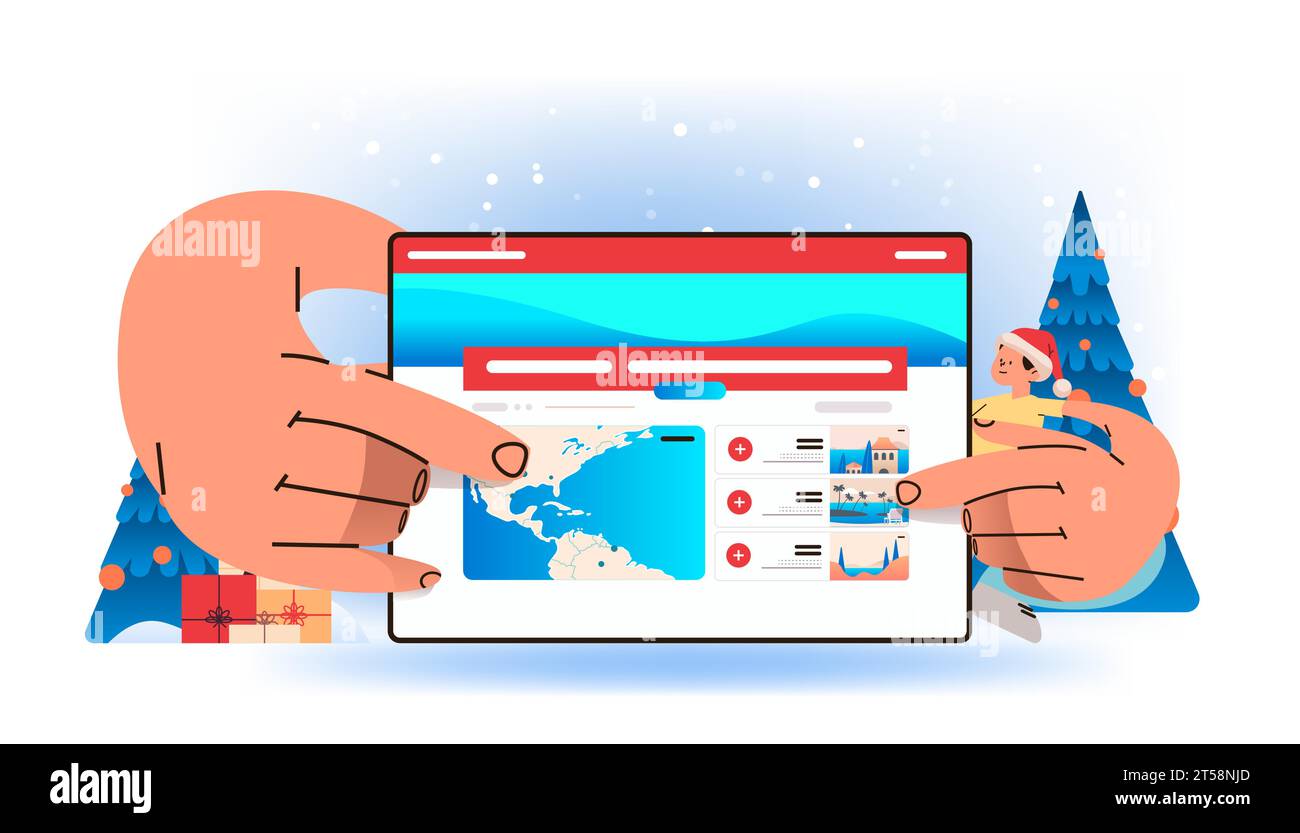 man in santa claus hat choosing hotel online checking room reservation ...