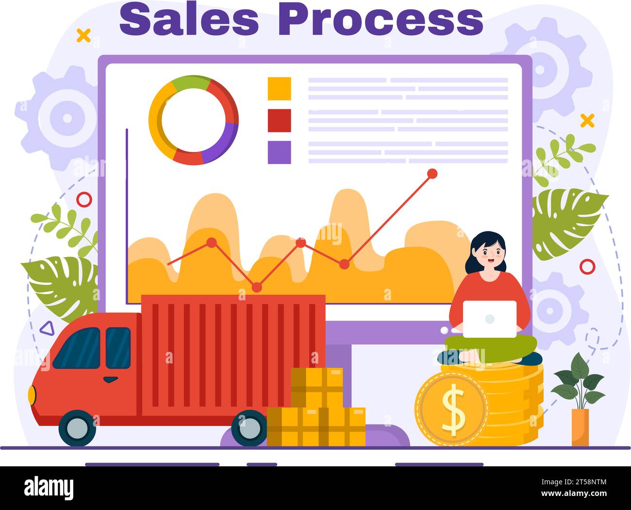 Sales Process Vector Illustration with Steps of Communication for ...