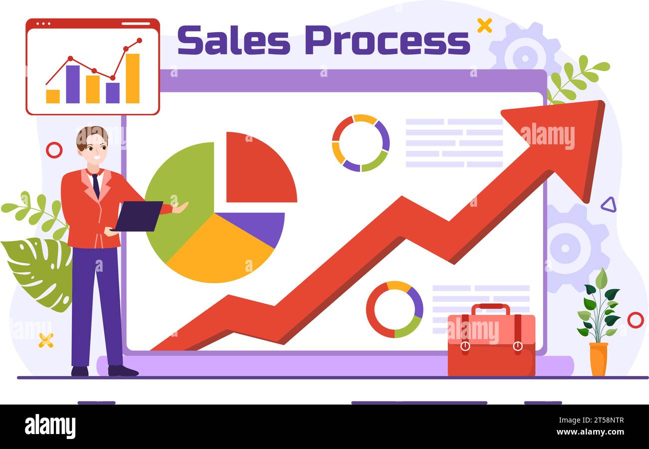 Sales Process Vector Illustration with Steps of Communication for ...