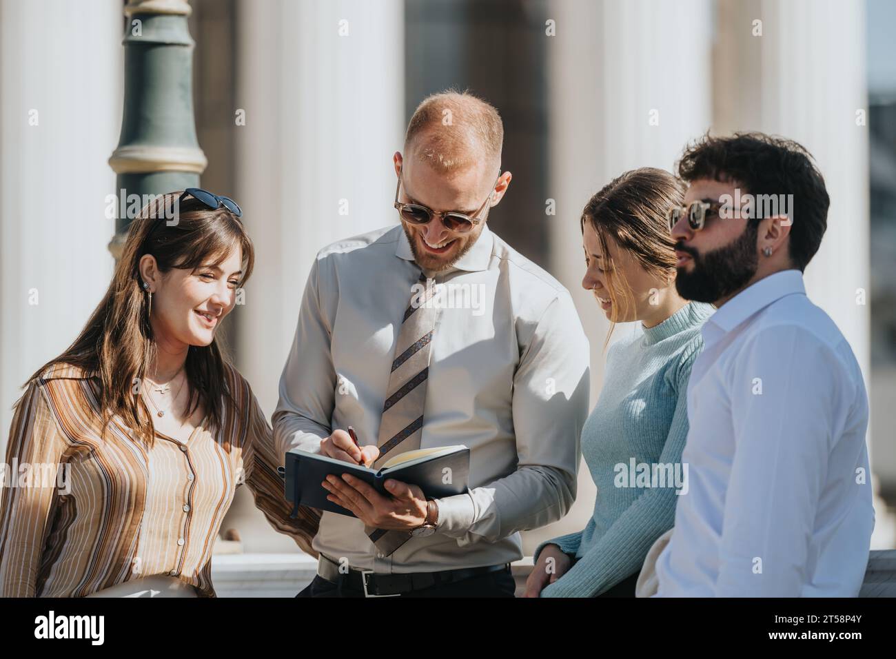 International business professionals in a city analyze markets, expand ...