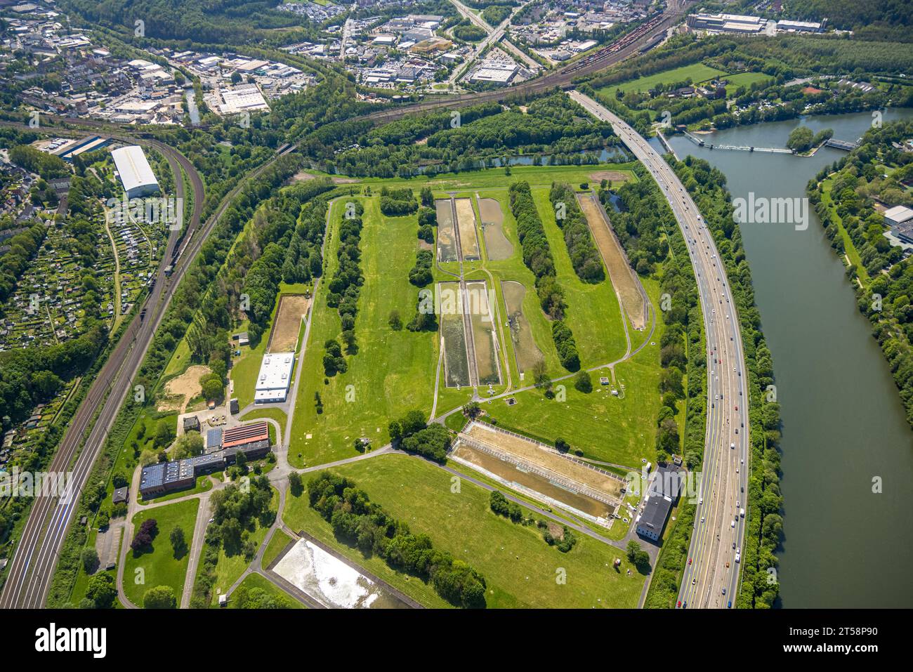 Aerial view, Hengstey waterworks, Volme river flowing into the Ruhr ...