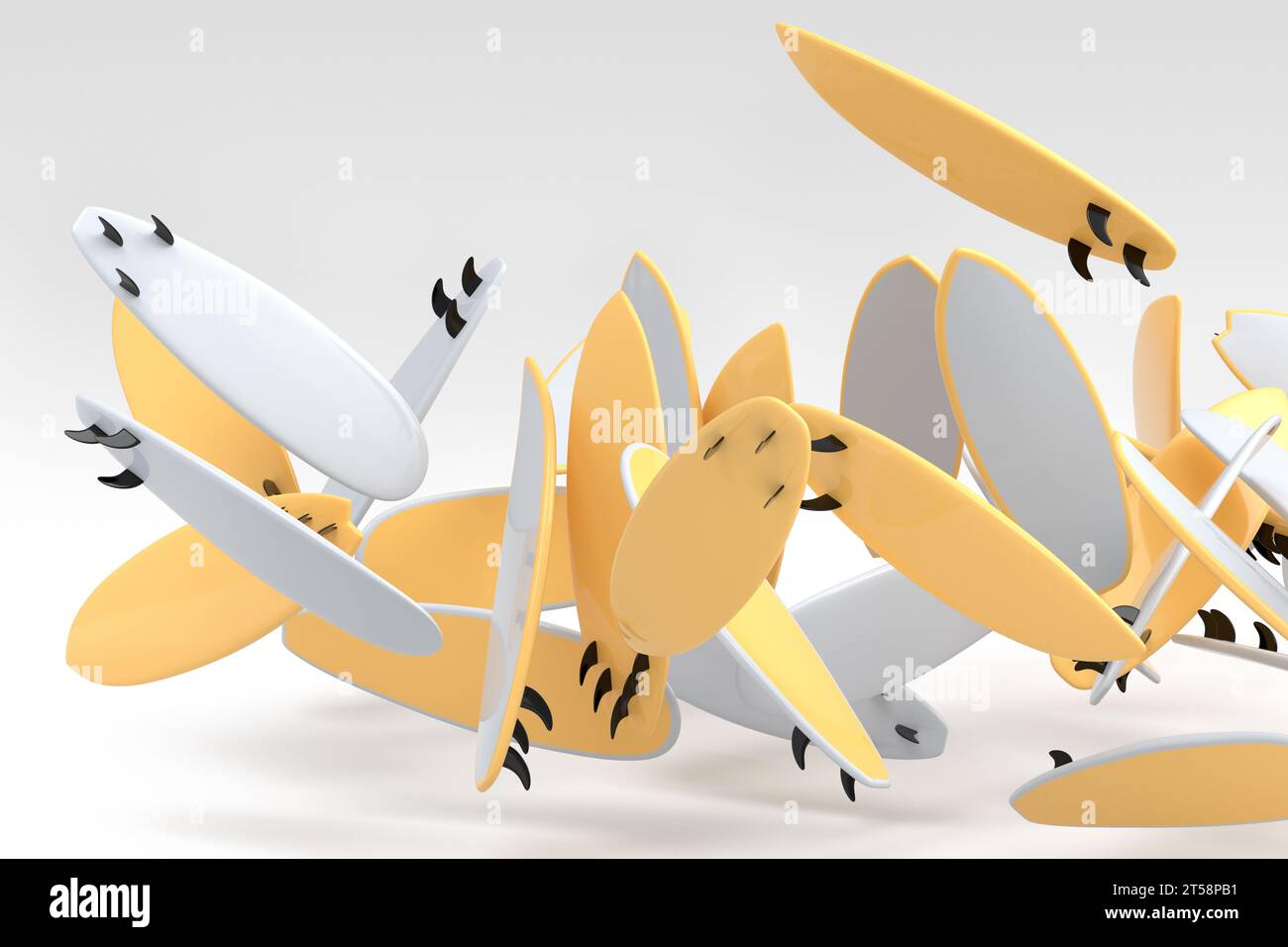 Many of flying surfboard isolated on white background. 3d render of ...