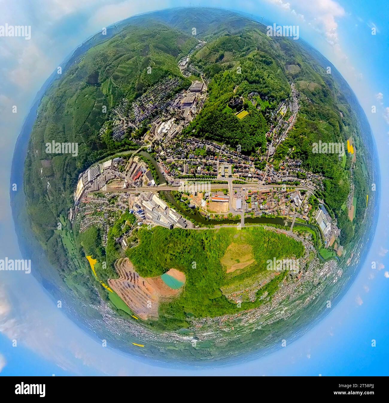 Aerial view, Hohenlimburg-Mitte, Hohenlimburg Castle, earth globe ...