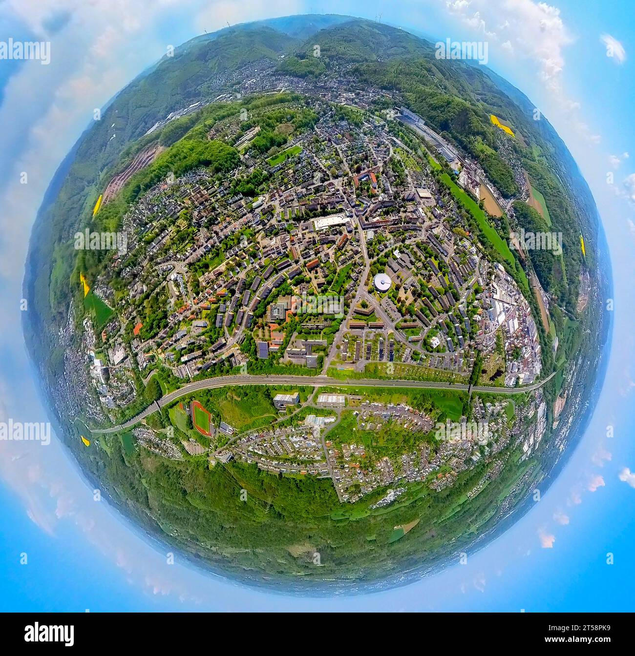 Aerial view, Hohenlimburg view, round gymnasium at the Kley elementary school, earth globe ...