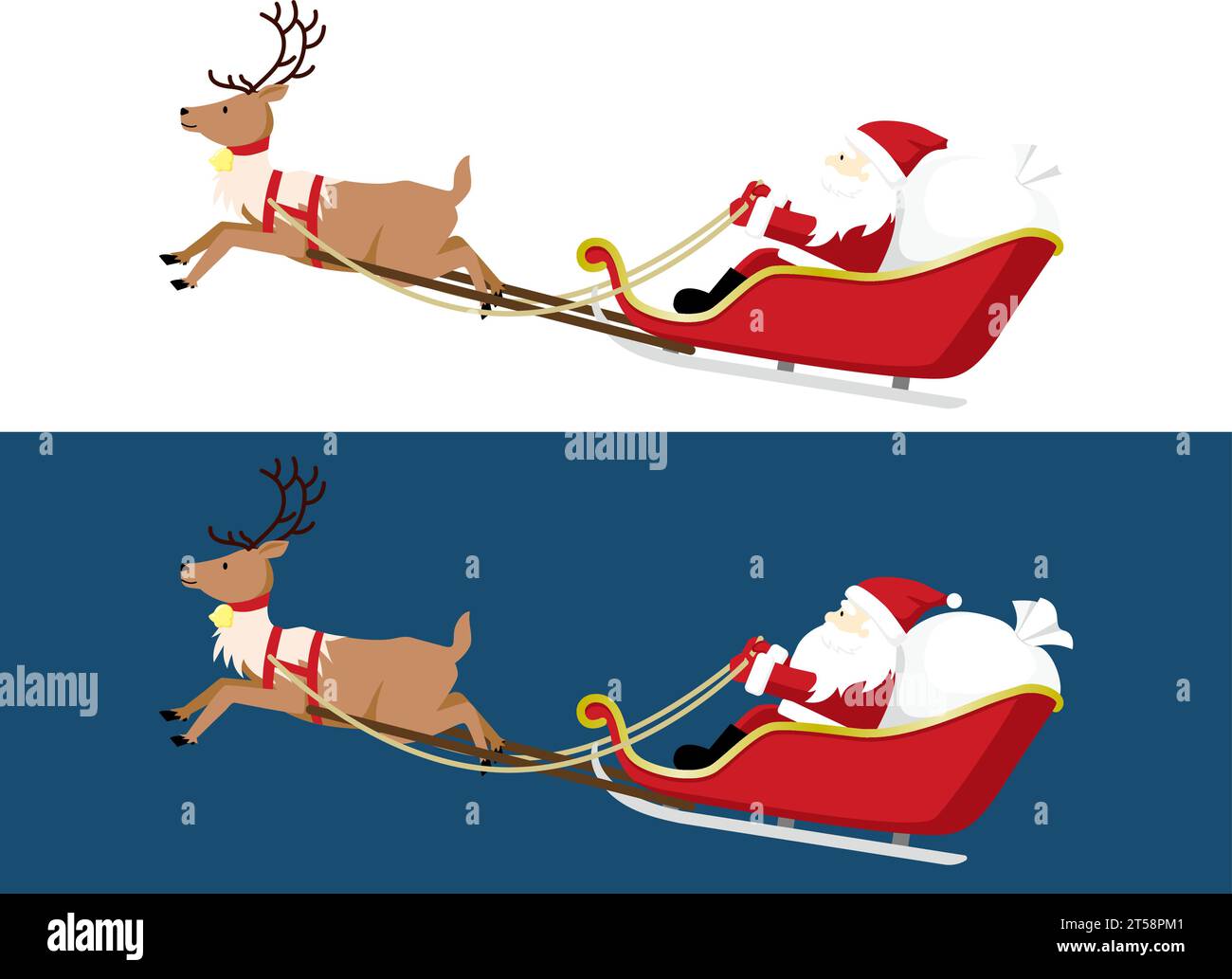 Santa Claus riding a reindeer sleigh flying through the sky. Christmas illustration material ...