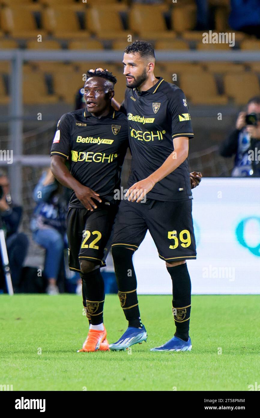 Lecce, Italy. 01st Nov, 2023. Lameck Banda of US Lecce and Ahmed Touba ...