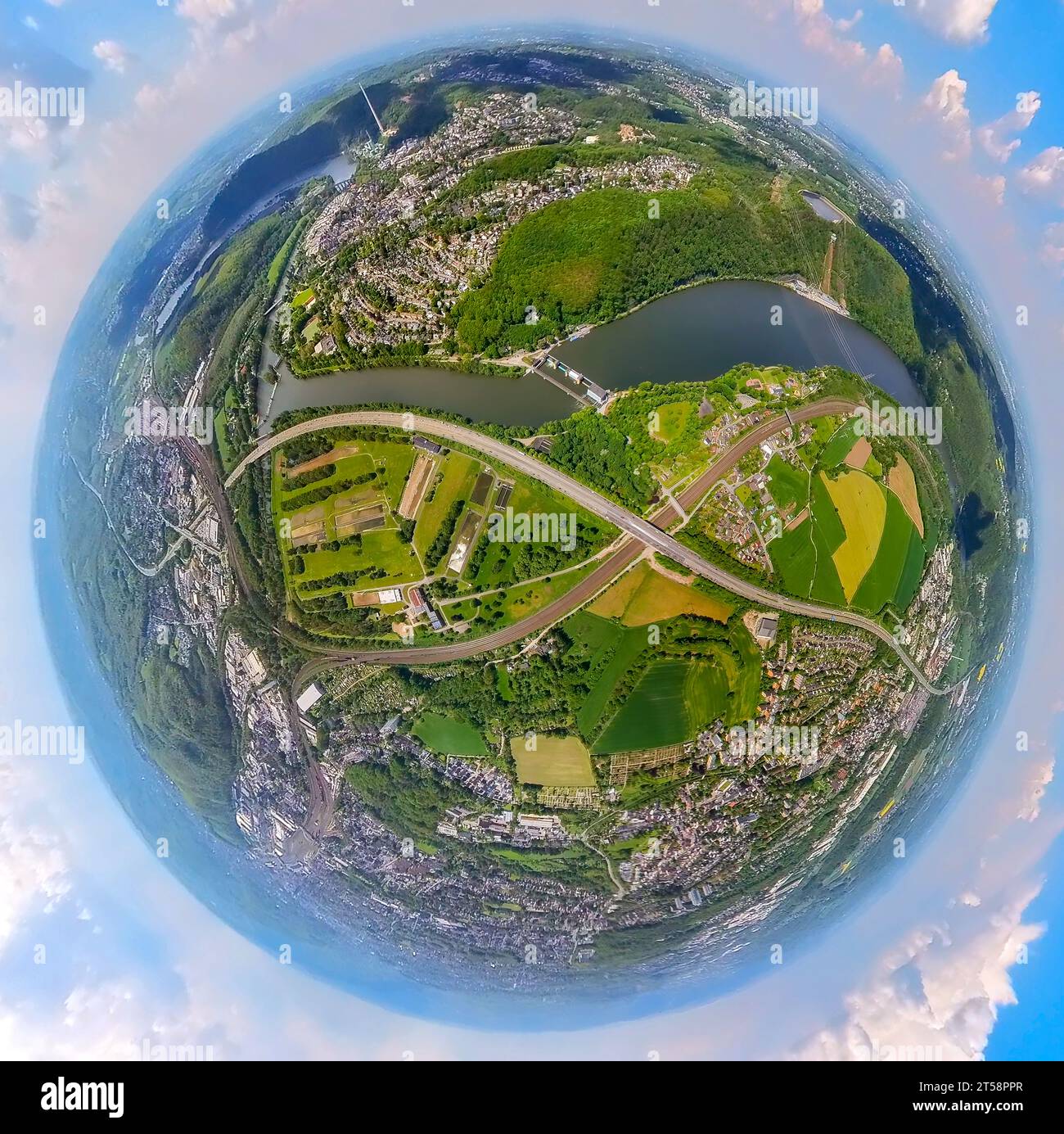 Aerial view, Hengsteysee between Herdecke and Hagen, earth globe ...
