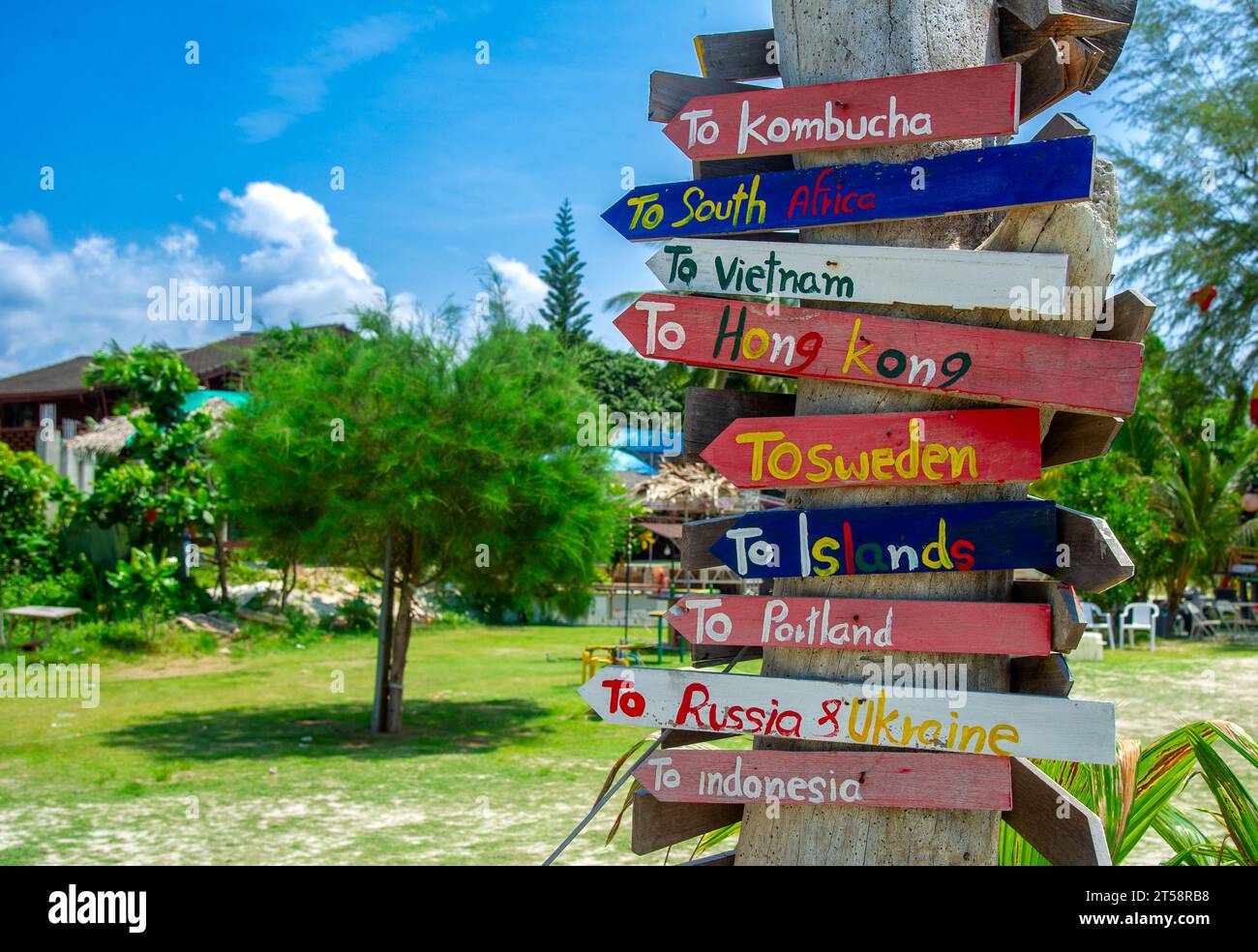 Wooden arrow-shaped and coloured signposts showing directions to many ...