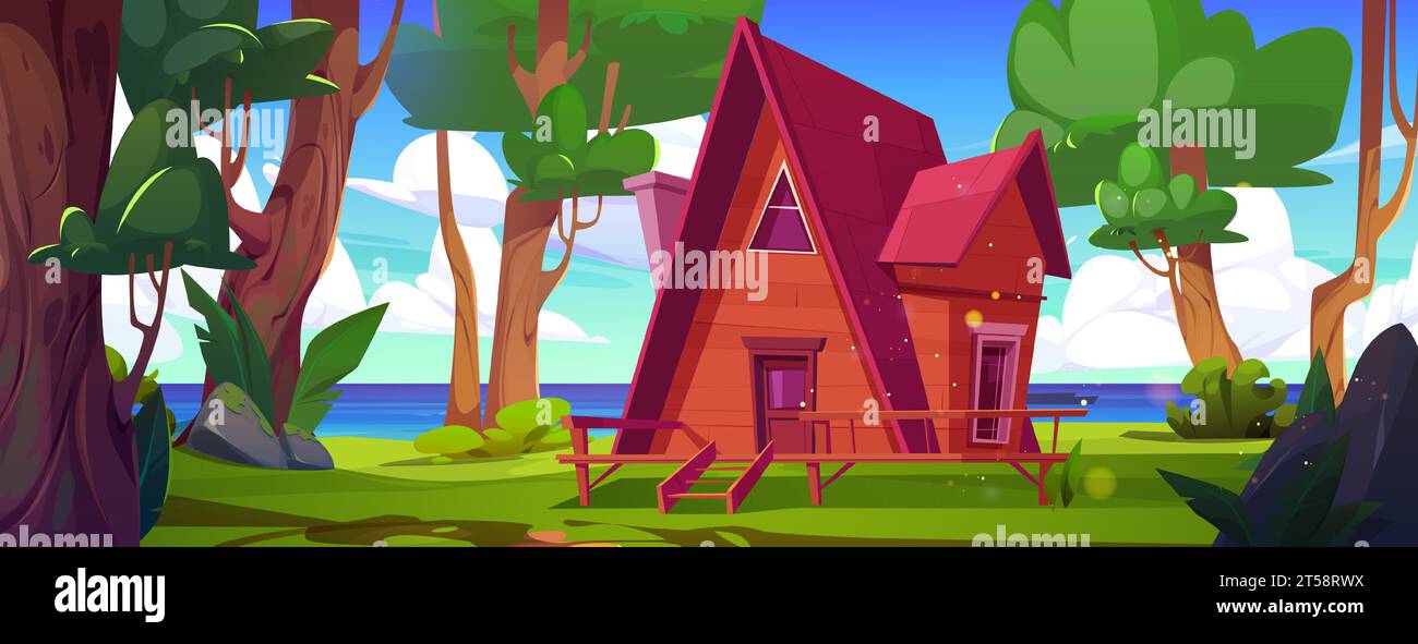 Wooden house in forest with river. Vector cartoon illustration of cozy ...
