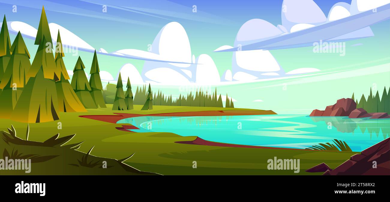 River landscape with green forest. Vector cartoon illustration of ...