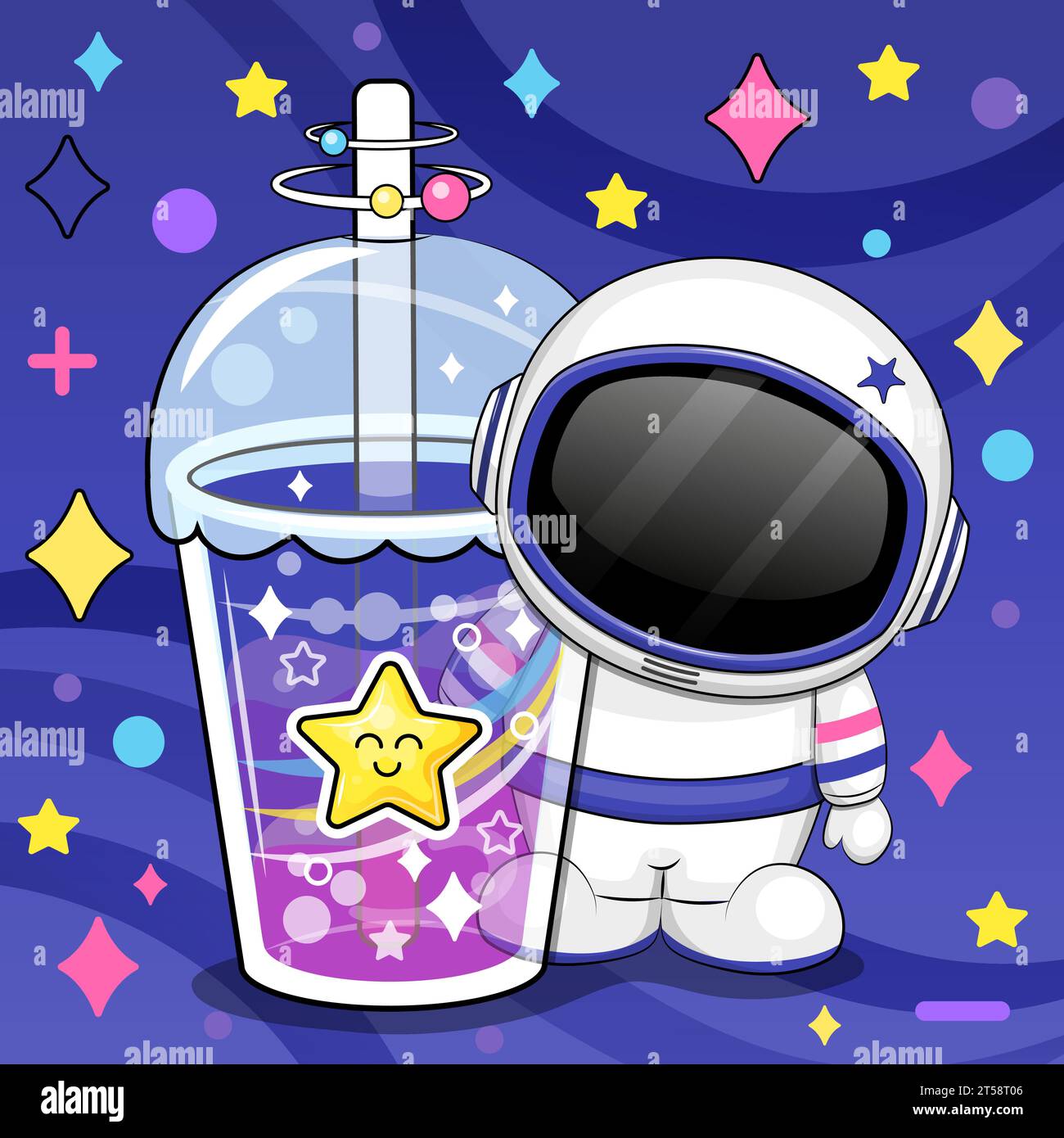 Cute cartoon astronaut with a big star drink. Vector illustration of a ...
