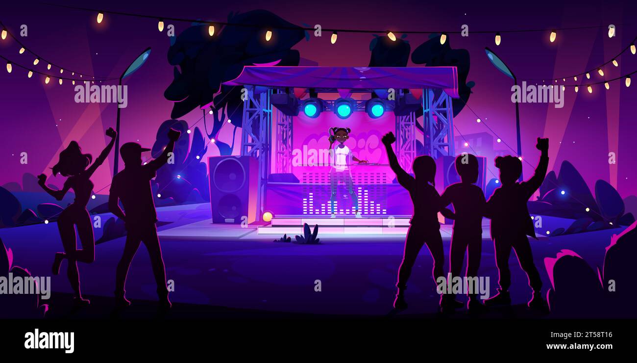 People crowd in night park near music festival stage. Outdoor public ...