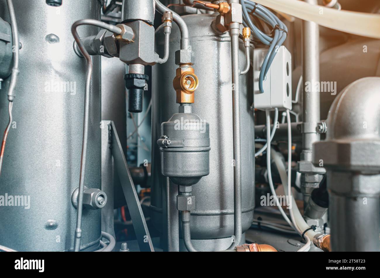 Pipes and hoses, connections on industrial equipment. Industrial ...