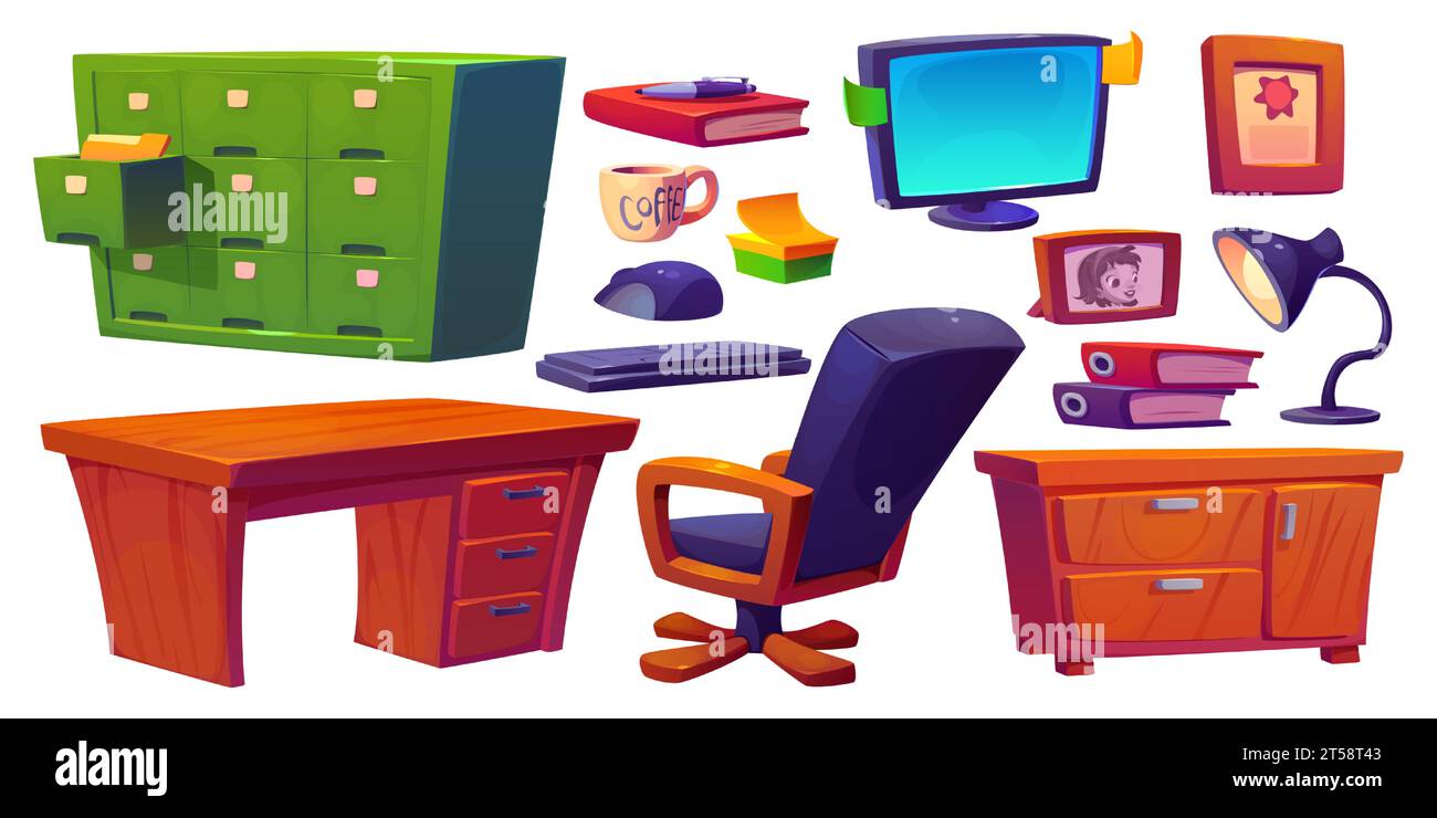 Detective office furniture set isolated on white background. Vector ...