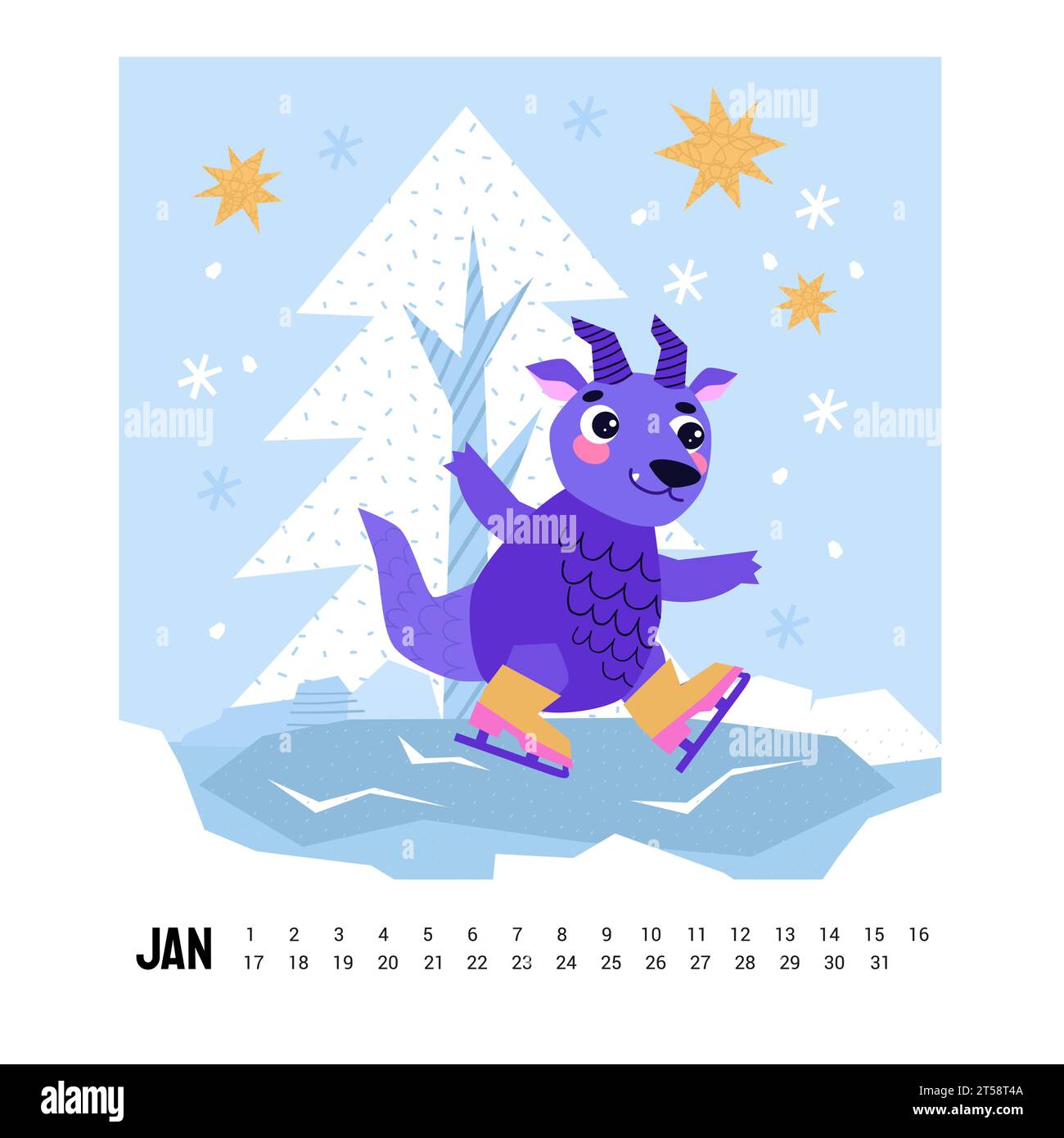 Cute Dragon cartoon mascot character. 2024 Dragon Calendar. January ...