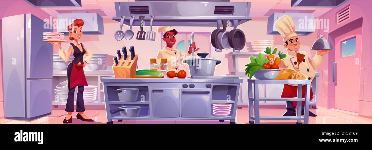 Restaurant or cafe kitchen interior with chef staff, professional ...