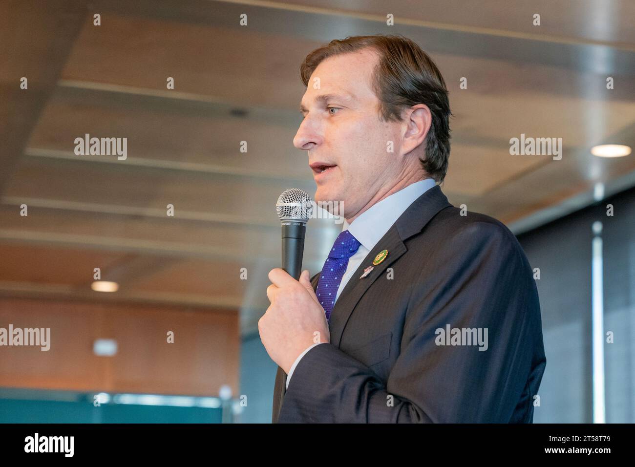 Congressman Dan Goldman speaks during rally of 240 Holocaust survivors ...