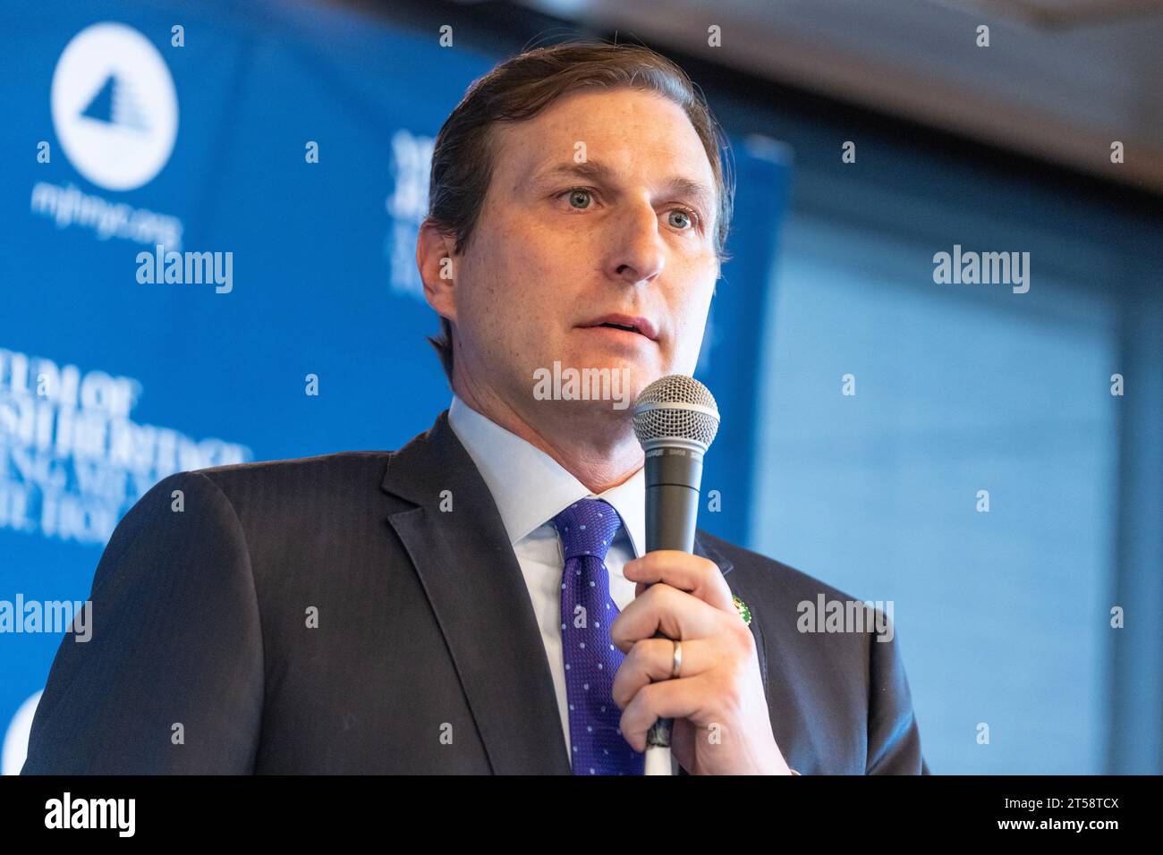 Congressman Dan Goldman speaks during rally of 240 Holocaust survivors ...