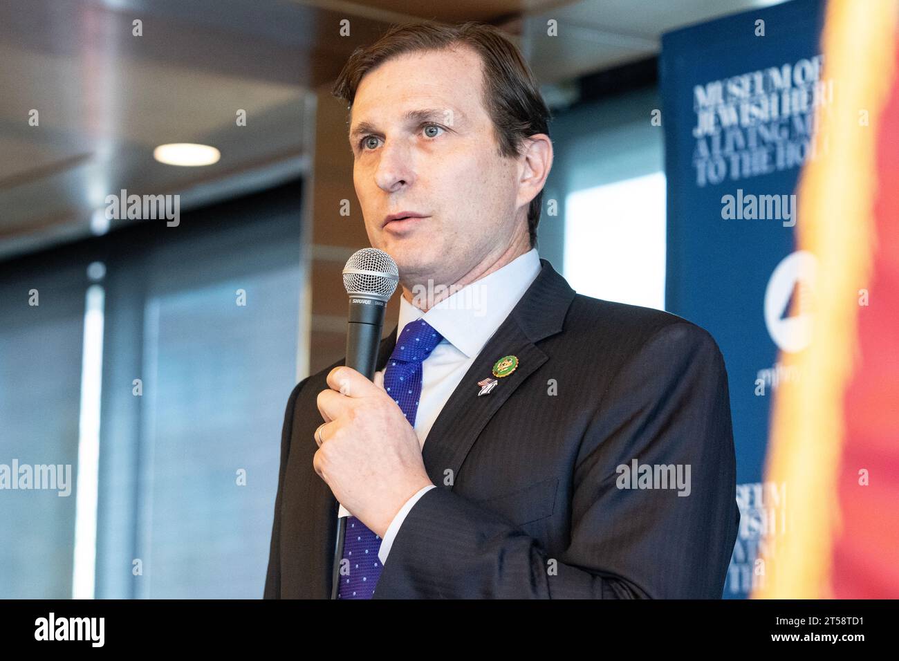 Congressman Dan Goldman speaks during rally of 240 Holocaust survivors ...